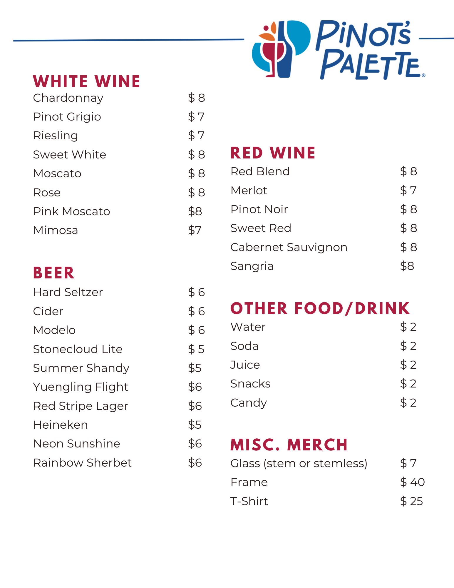 Our Bar Menu - Pinot's Palette