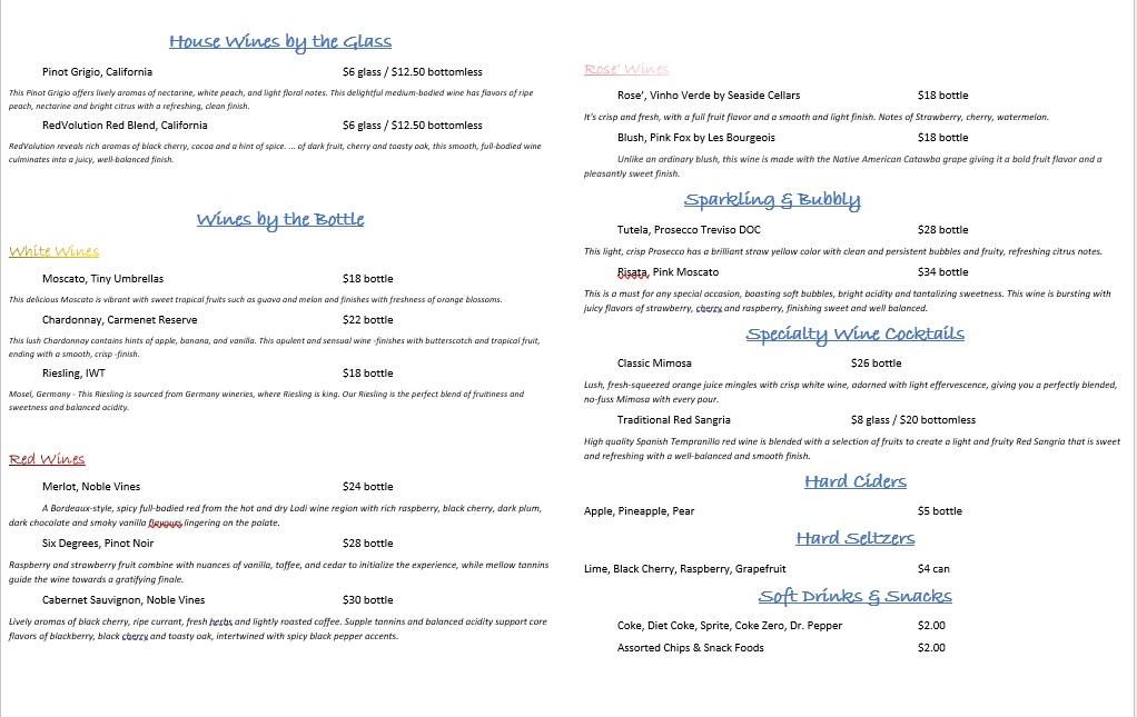 Bar Menu - Pinot's Palette